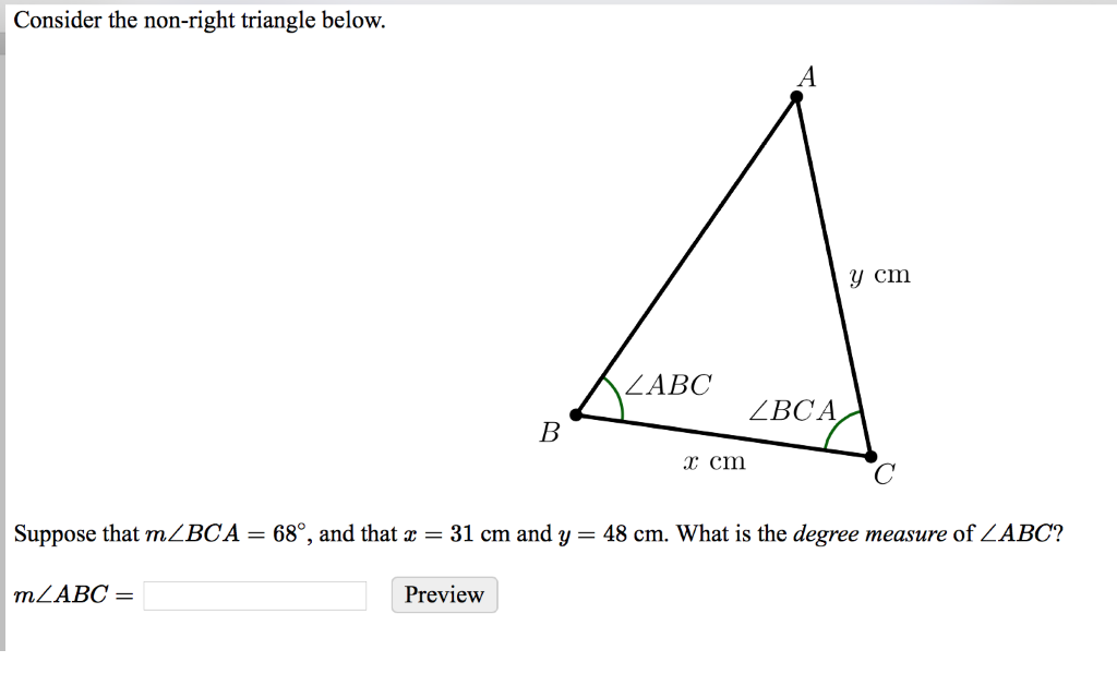 Solved Consider the non-right triangle below. y cm ZABC LBCA | Chegg.com