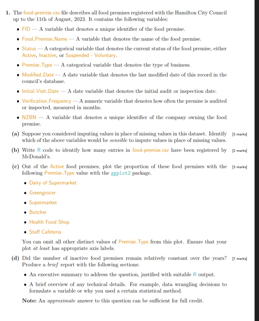 Solved 1. The food-premise.csv file describes all food | Chegg.com