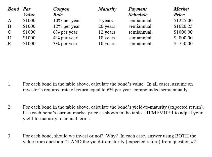 Solved 1. For each bond in the table above, calculate the | Chegg.com