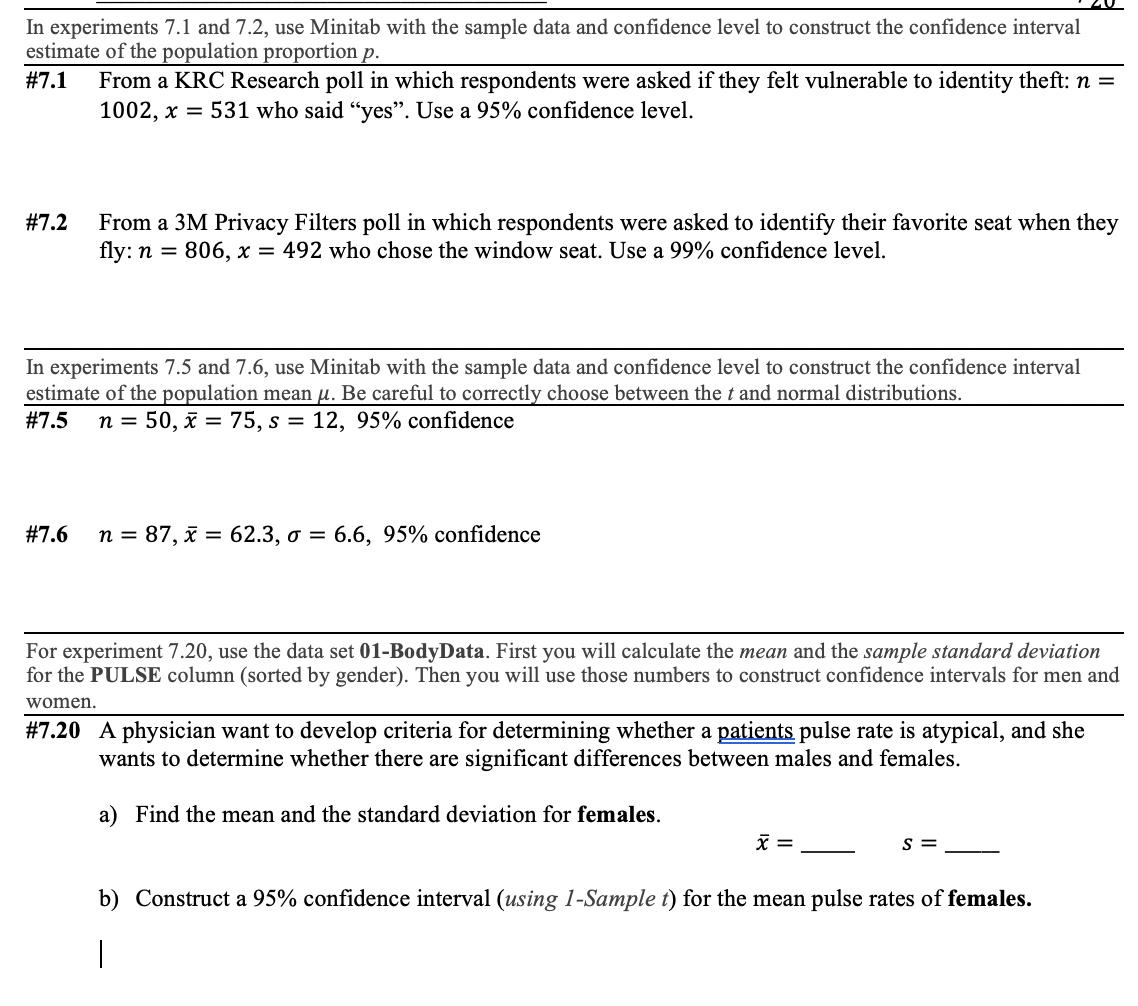 Solved In experiments 7.1 and 7.2, use Minitab with the | Chegg.com
