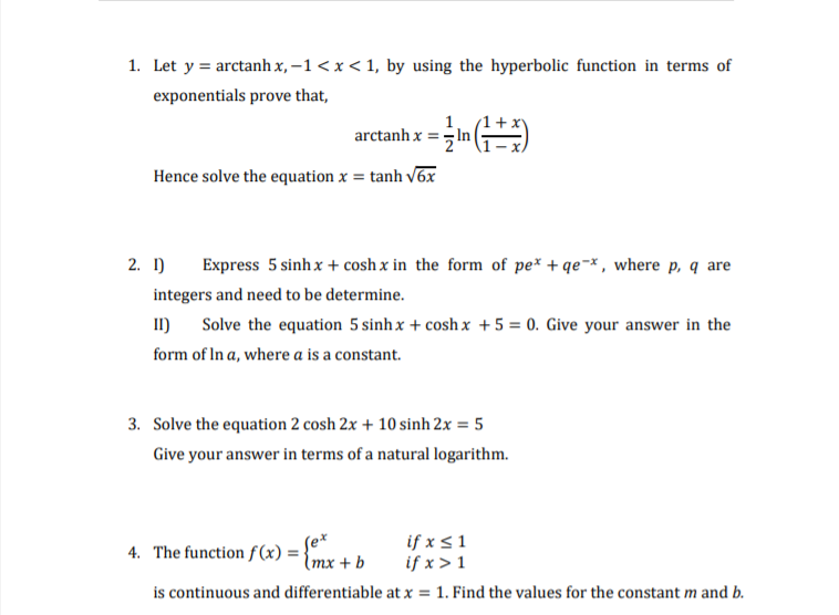 Solved 1. Let y = arctanh x,-1 1 is continuous and | Chegg.com