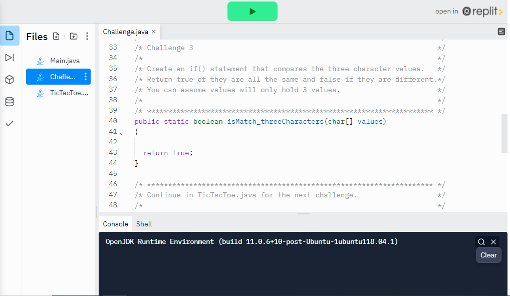 Solved open in replit: E 0 Files Go: DI Main.java Challe... | Chegg.com