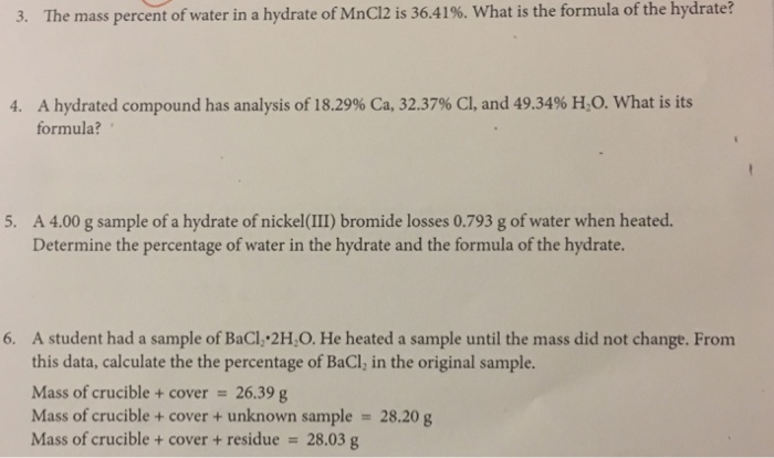 Solved 3. The mass percent of water in a hydrate of MnCl2 is | Chegg.com