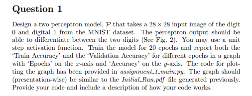 Design a two perceptron model, P that takes a 28×28 | Chegg.com