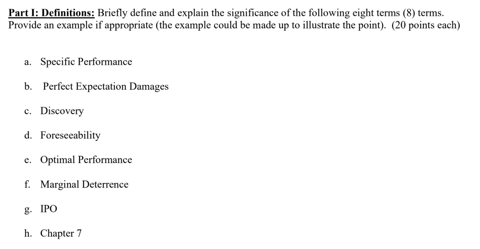 Solved Part I: Definitions: Briefly define and explain the | Chegg.com