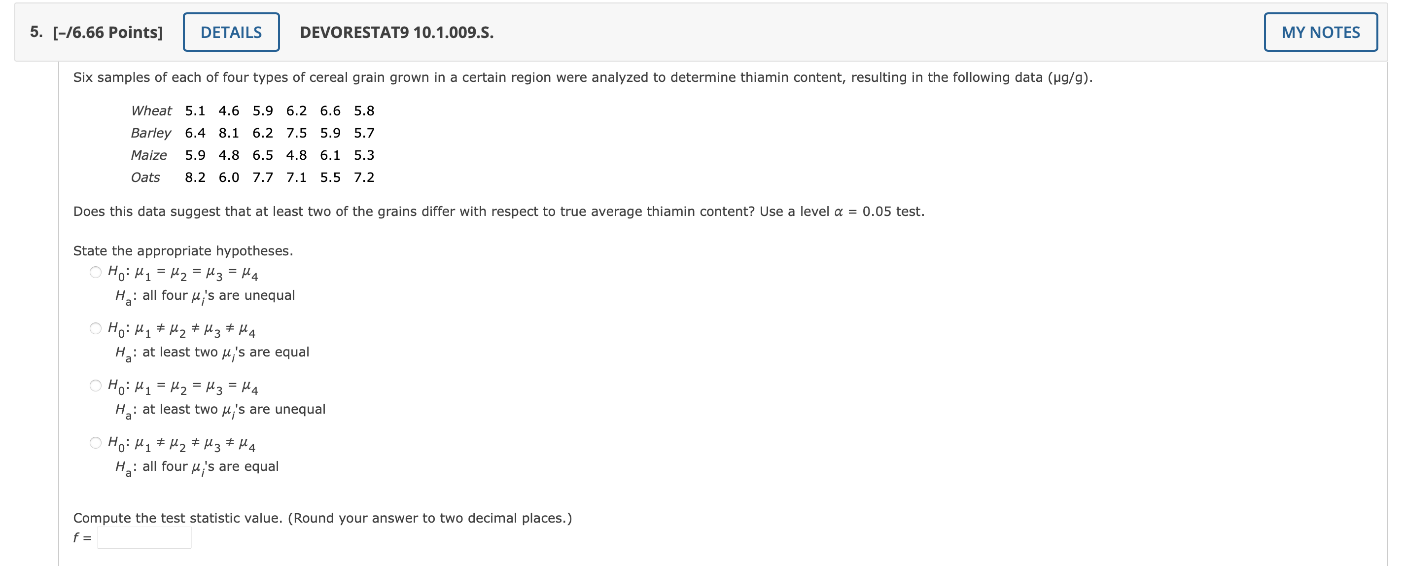 Solved /6.66 Points] DEVORESTAT9 10.1.009.S. Six samples of | Chegg.com