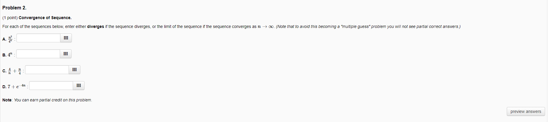 Solved Problem 2. (1 point) Convergence of Sequence. For | Chegg.com