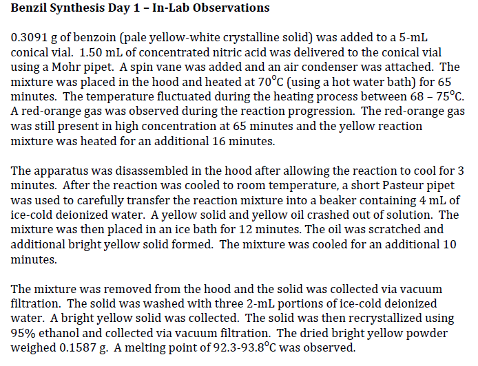Solved Benzil Synthesis Day 1 - In-Lab Observations 0.3091 g | Chegg.com