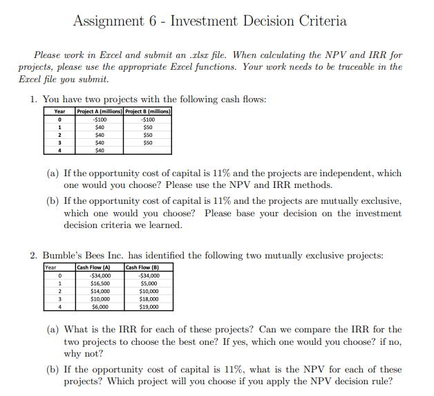 Solved Assignment 6 - Investment Decision Criteria Please | Chegg.com Solved Assignment 6 - Investment Decision Criteria Please | Chegg.com