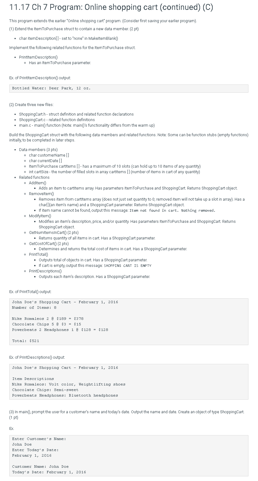 Solved Create online shopping cart(continued) (C) , needs to | Chegg.com