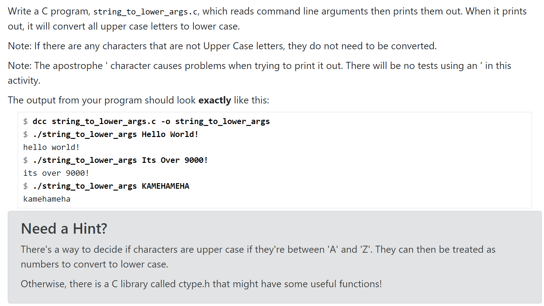 Solved Write a C program, string_to_lower_args.c, which | Chegg.com