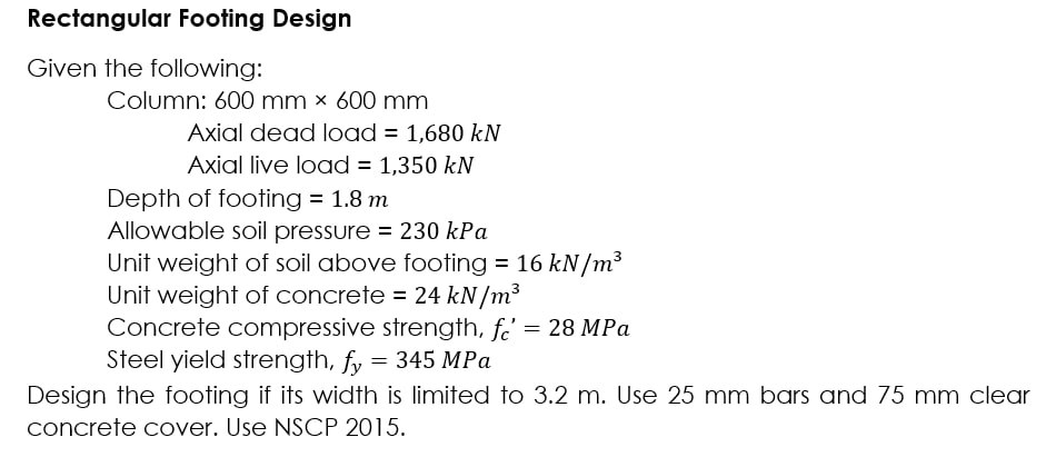 Solved Rectangular Footing Design Given the following: | Chegg.com