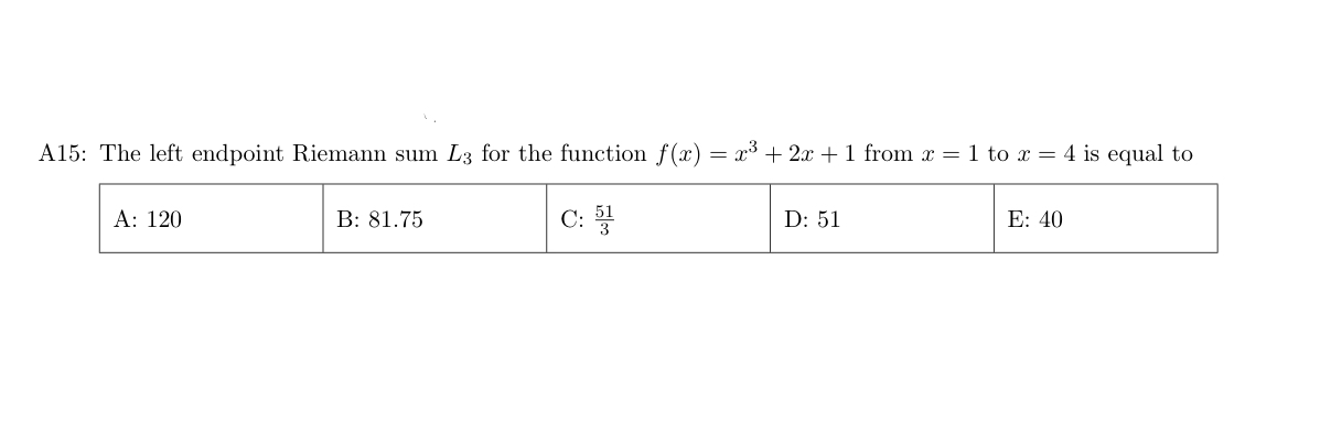 Solved A15: The left endpoint Riemann sum L3 ﻿for the | Chegg.com