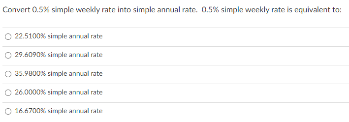 Solved Convert 0.5% simple weekly rate into simple annual | Chegg.com