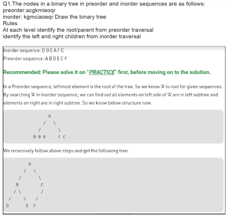 Solved Q1 The Nodes In A Binary Tree In Preorder And 