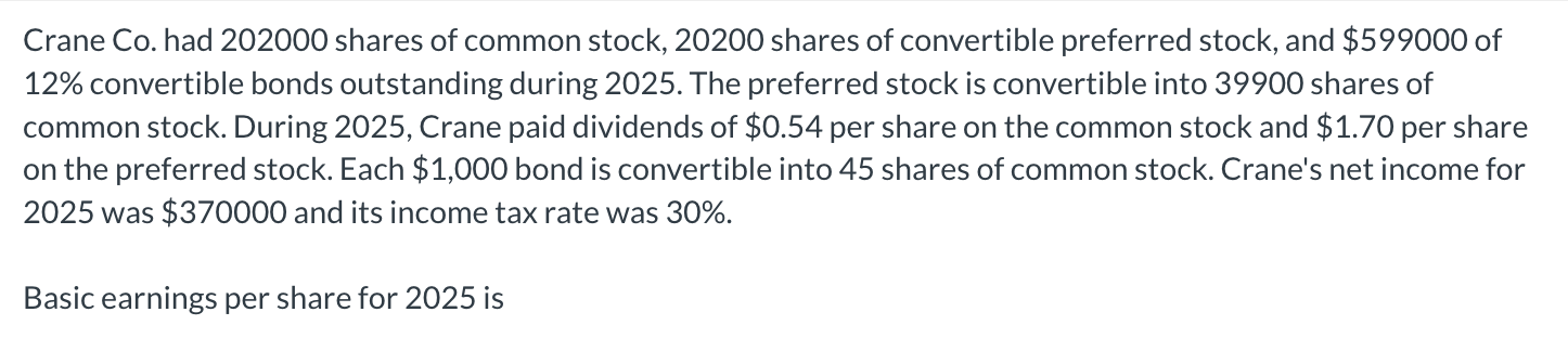 Solved Crane Co. had 202000 shares of common stock, 20200 | Chegg.com