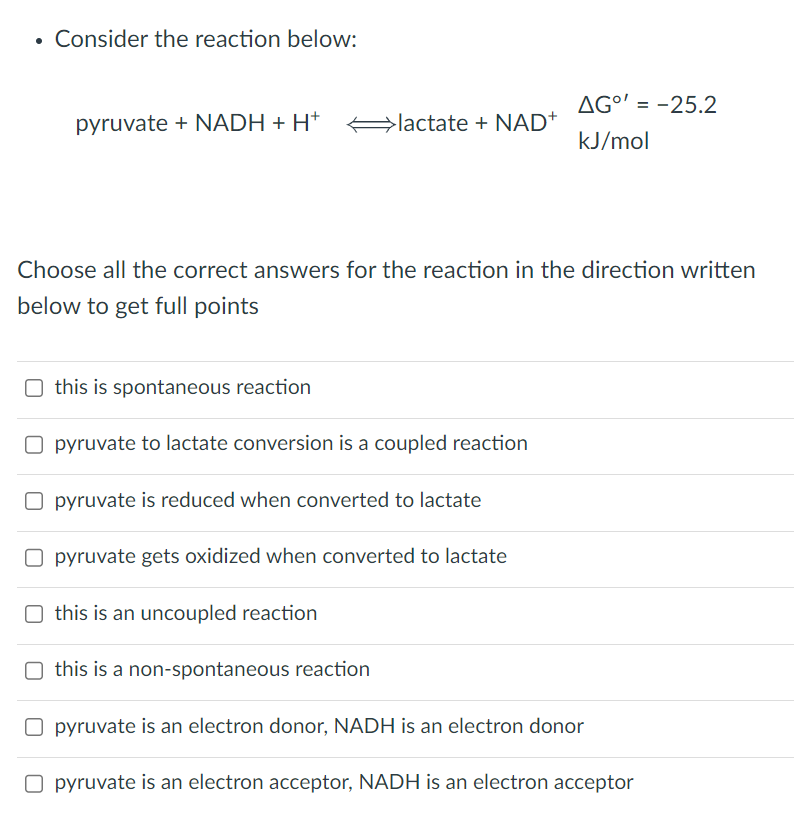 Solved - Consider the reaction below: pyruvate +NADH+H+ | Chegg.com
