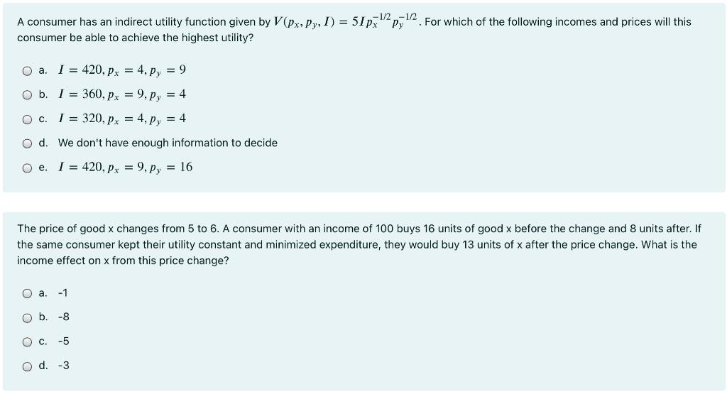 Solved -1/2 . For which of the following incomes and prices | Chegg.com