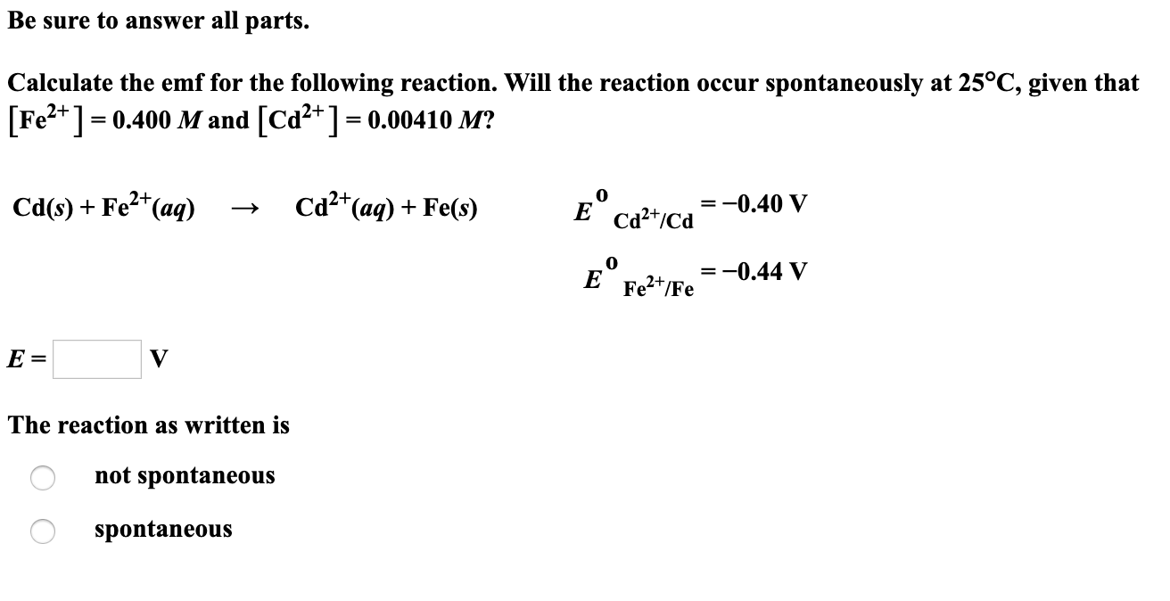 Solved Be sure to answer all parts. Calculate the emf for | Chegg.com