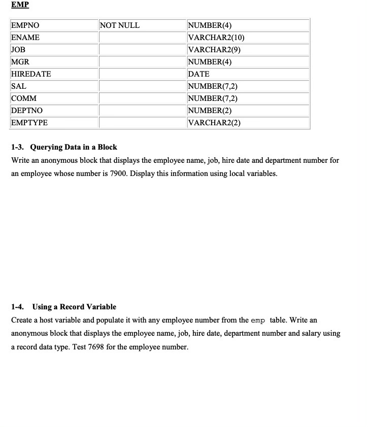 Solved EMP NOT NULL EMPNO ENAME JOB MGR HIREDATE SAL COMM | Chegg.com