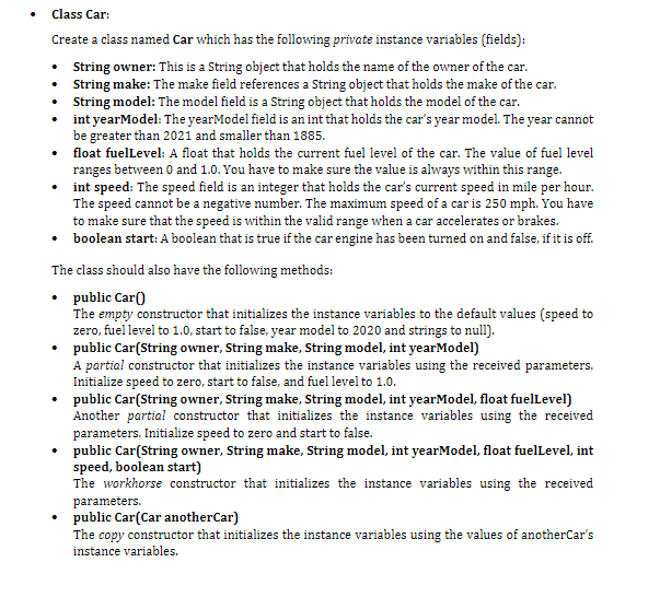 Solved Class Car: Create a class named Car which has the | Chegg.com