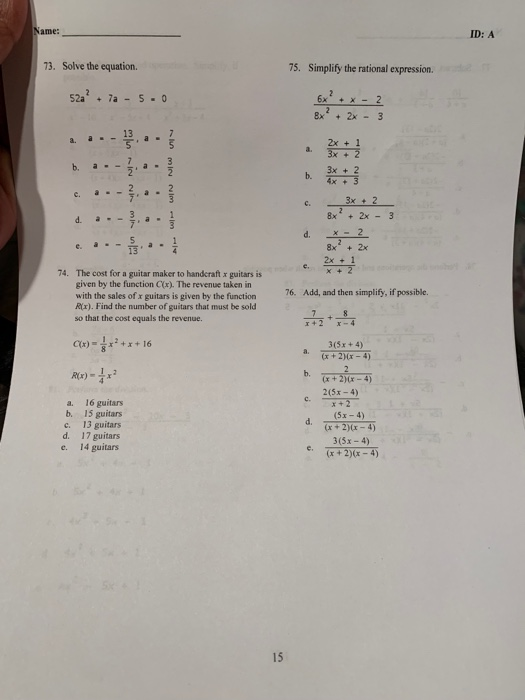 Solved Name: ID: A 73. Solve the equation. 75. Simplify the | Chegg.com