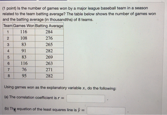 Solved (1 point) Is the number of games won by a major | Chegg.com
