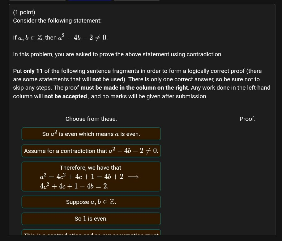 Solved (1 point) Consider the following statement: If a, b € | Chegg.com
