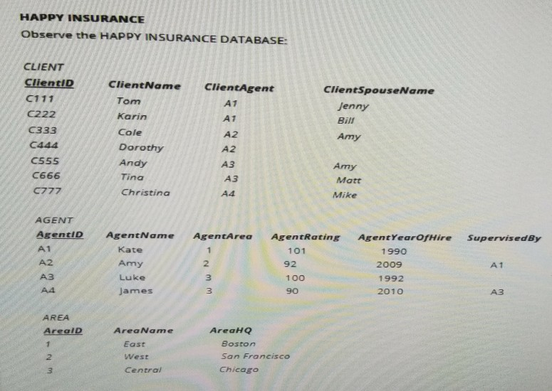 Solved HAPPY INSURANCE Observe the HAPPY INSURANCE DATABASE: | Chegg.com