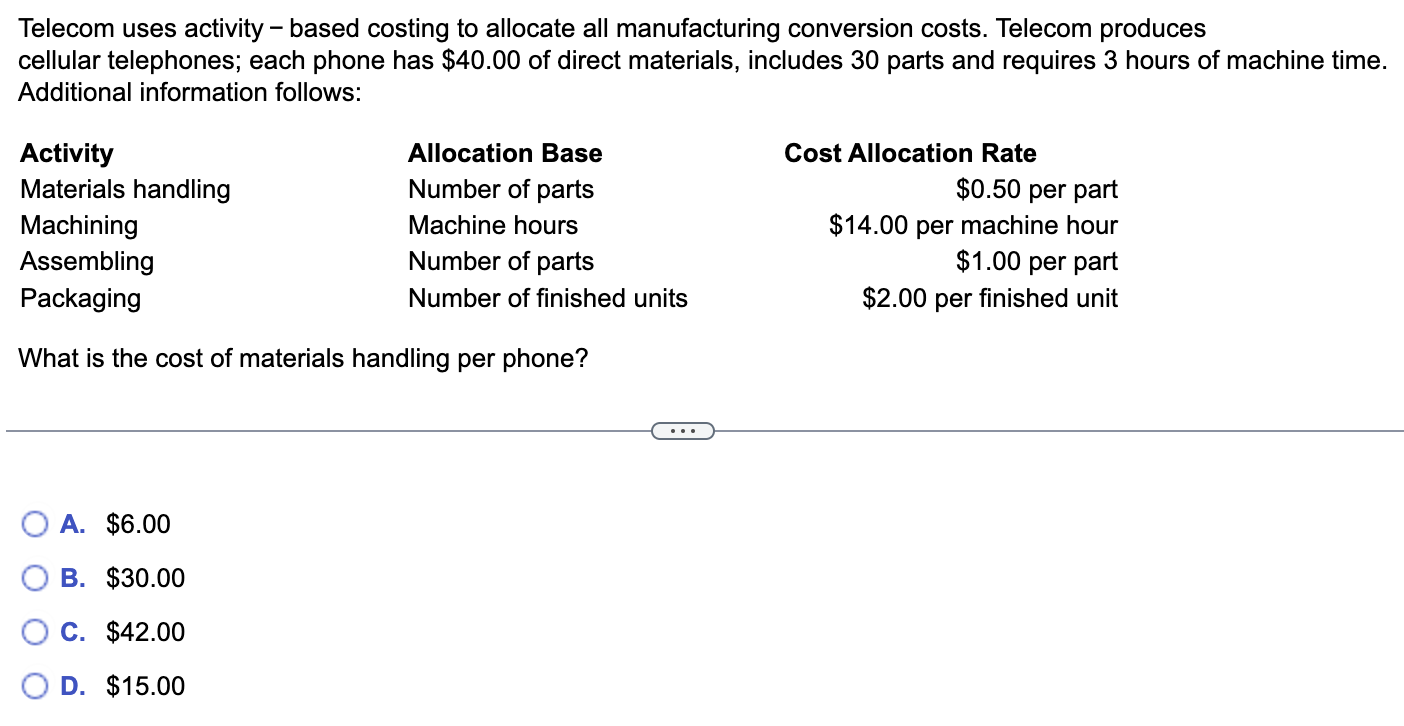 Solved Telecom uses activity - based costing to allocate all | Chegg.com