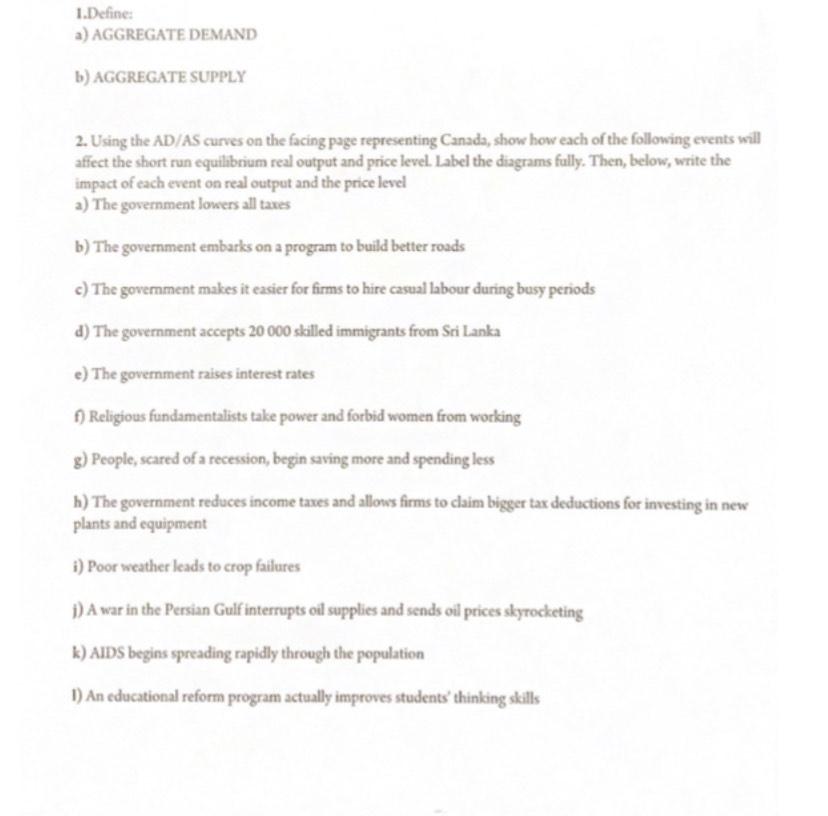 Solved 1.Define: a) AGGREGATE DEMAND b) AGGREGATE SUPPLY 2. | Chegg.com