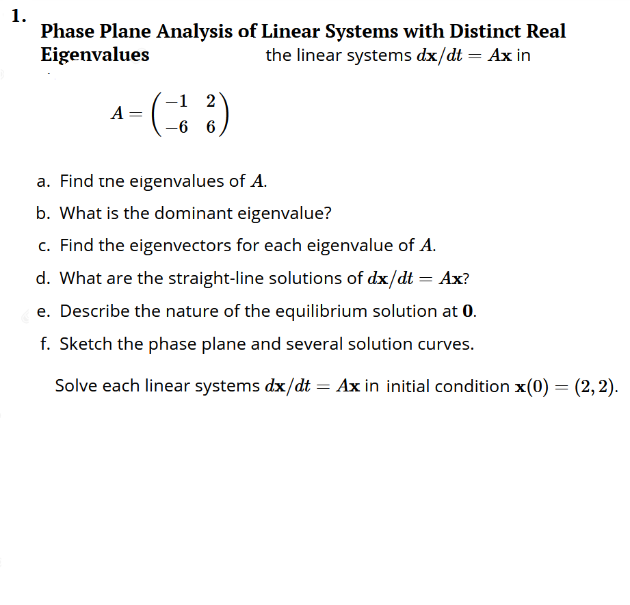 Solved 1. Phase Plane Analysis of Linear Systems with | Chegg.com