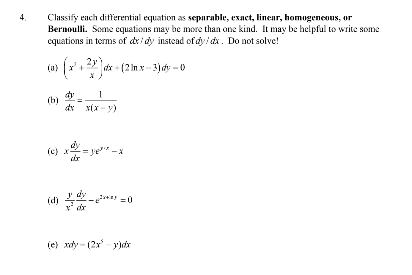 Solved 4. Classify each differential equation as separable, | Chegg.com