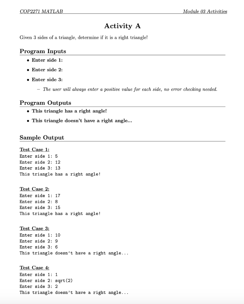 Solved COP2271 MATLAB Module 03 Activities Activity A Given | Chegg.com
