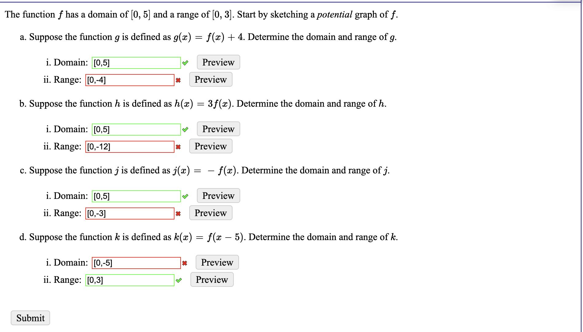 he function f has a domain of [0,5] and a range of | Chegg.com