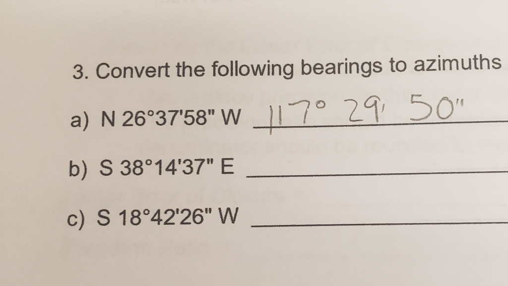 Solved 3. Convert the following bearings to azimuths a) N | Chegg.com