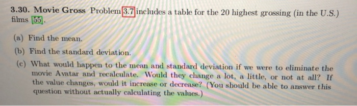 Solved 3.30. Movie Gross Problem 3.7includes a table for the | Chegg.com