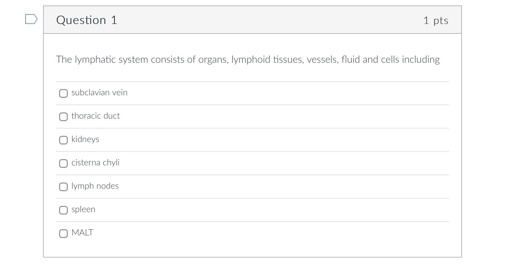 Solved Question 1 1 pts The lymphatic system consists of | Chegg.com