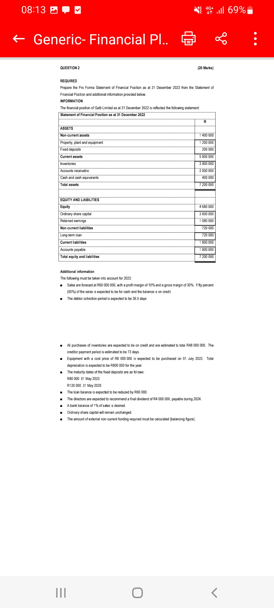 Solved 08:13 घロ 4G+ 69% ← Generic- Financial Pl.. α00 | Chegg.com