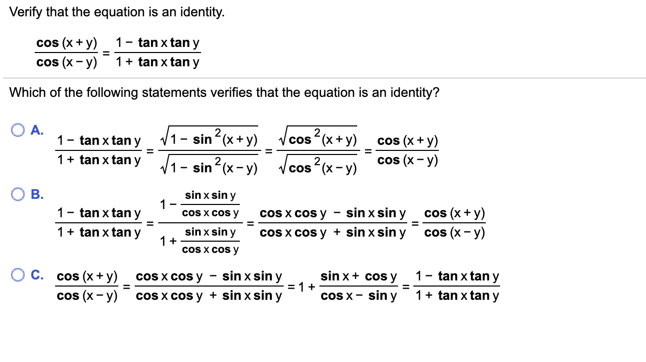 Solved Verify that the equation is an identity. cos (x + y) | Chegg.com