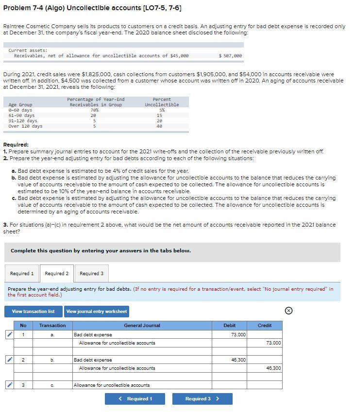 Solved Problem 7-4 (Algo) Uncollectible accounts (LO7-5, | Chegg.com