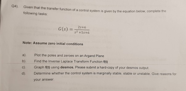Solved Q4). Given that the transfer function of a control | Chegg.com