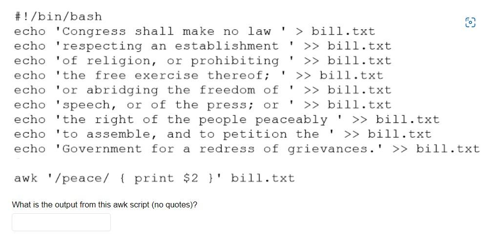 Solved #!/bin/bash echo 'Congress shall make no law, > | Chegg.com