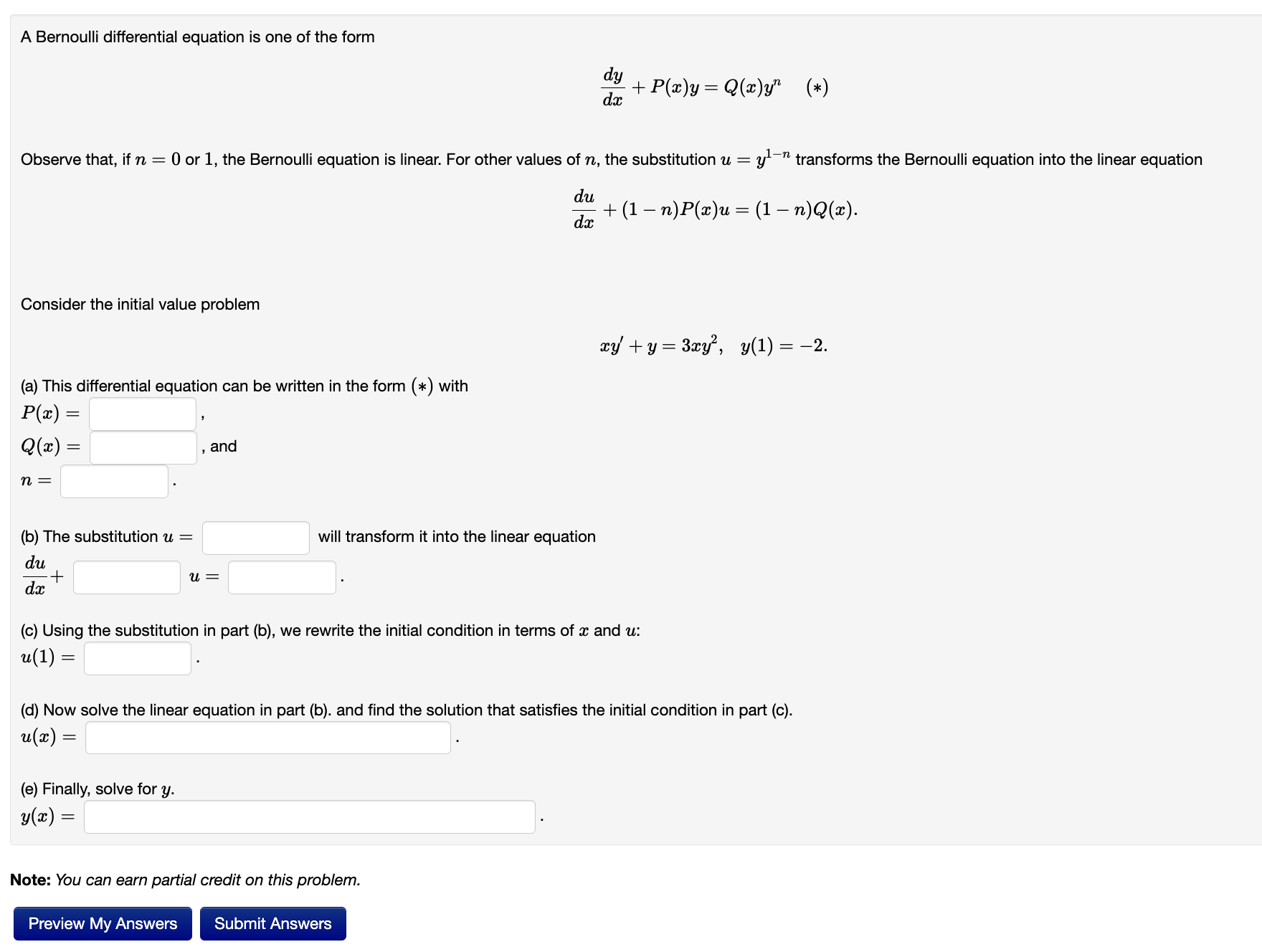 Solved A Bernoulli differential equation is one of the form | Chegg.com