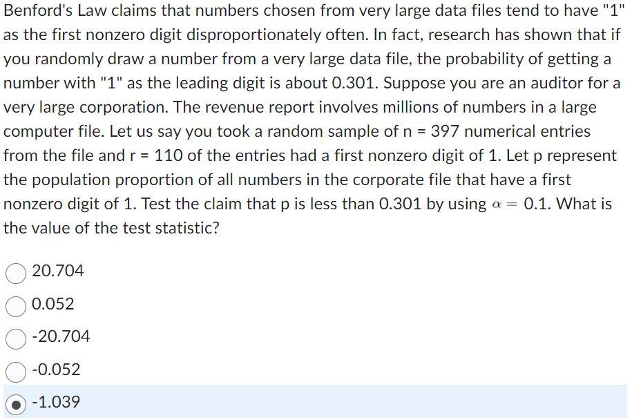 Solved Benford's Law claims that numbers chosen from very | Chegg.com