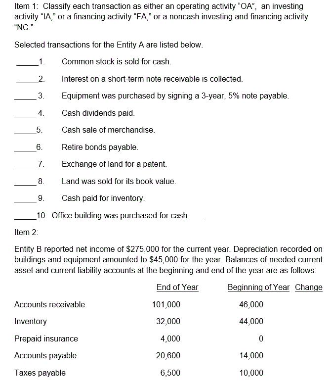 Solved Item 1: Classify each transaction as either an | Chegg.com