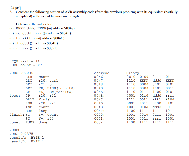 [24 pts) 2- Consider the following section of AVR | Chegg.com