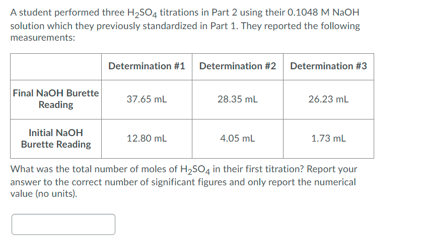 Solved A student performed three H2SO4 titrations in Part 2 | Chegg.com