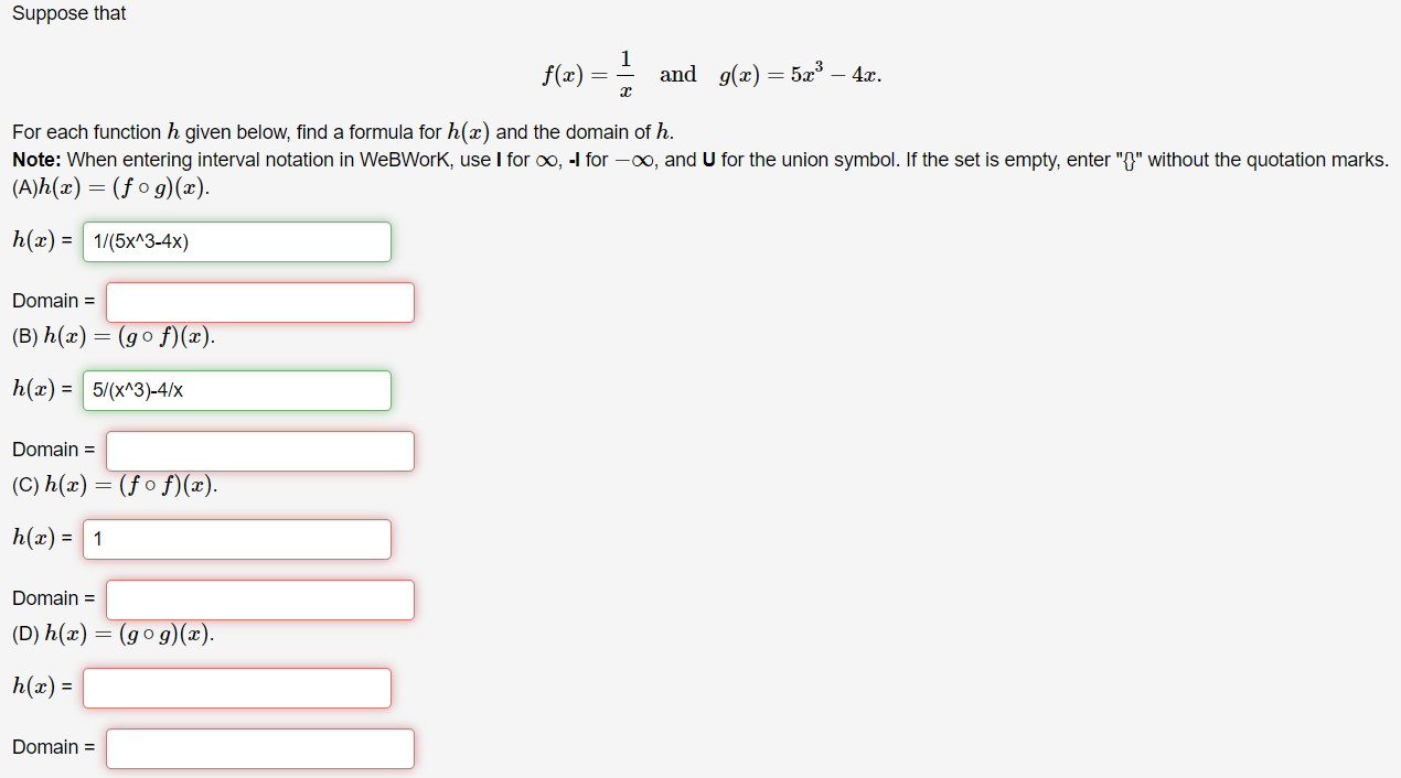 Solved Suppose that f(x)=x1 and g(x)=5x3−4x. For each | Chegg.com
