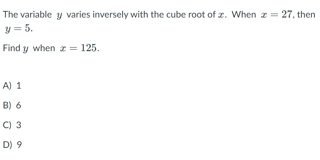 Solved The variable y varies inversely with the cube root of | Chegg.com